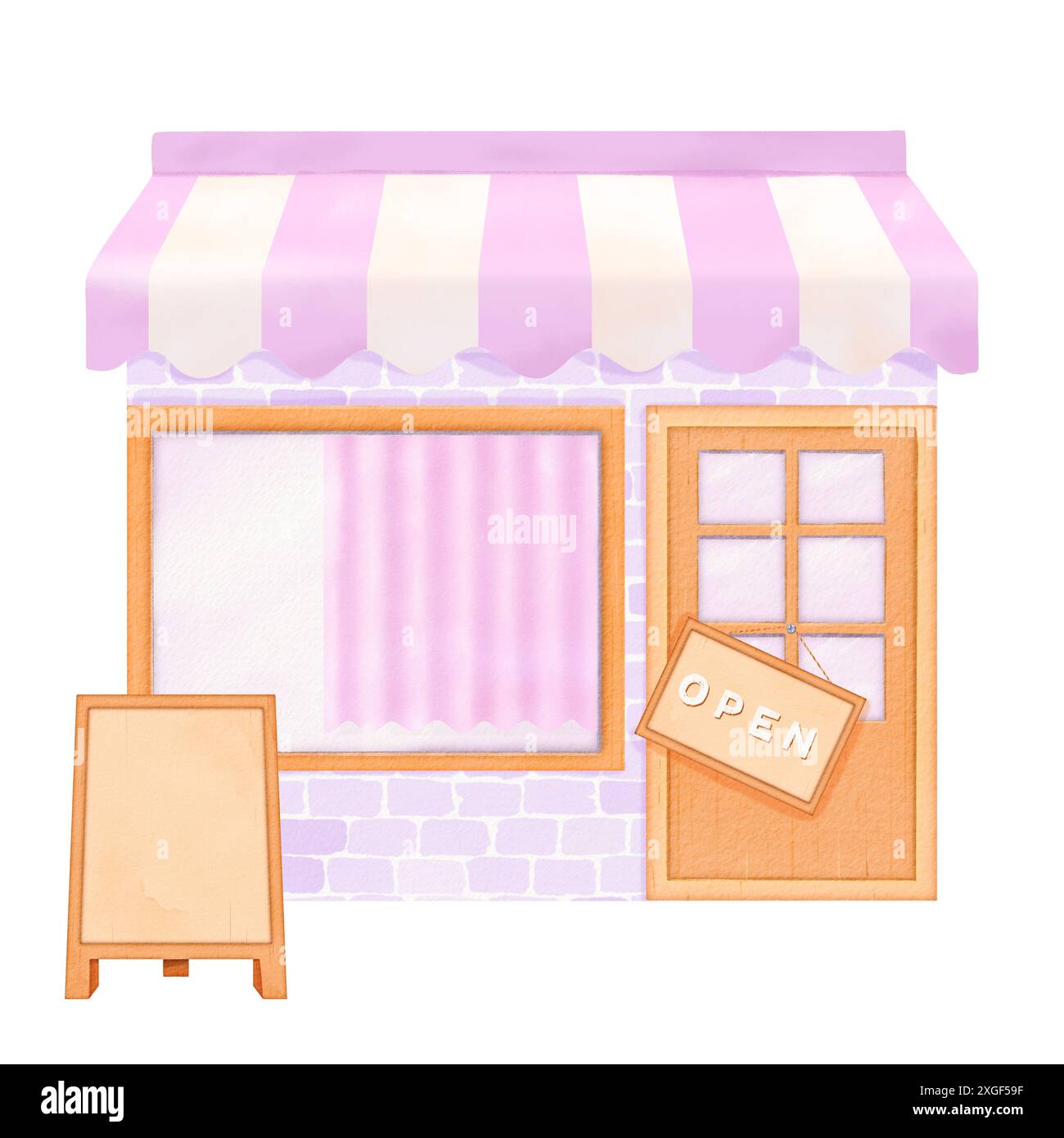 A small storefront has a pink and white awning and an open sign ...