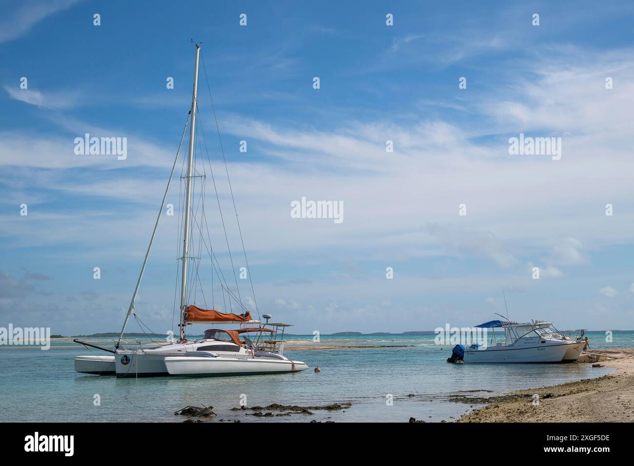 Boats at anchor, Tikehau, Atoll, Tuamotu Archipelago, Tuherahera ...