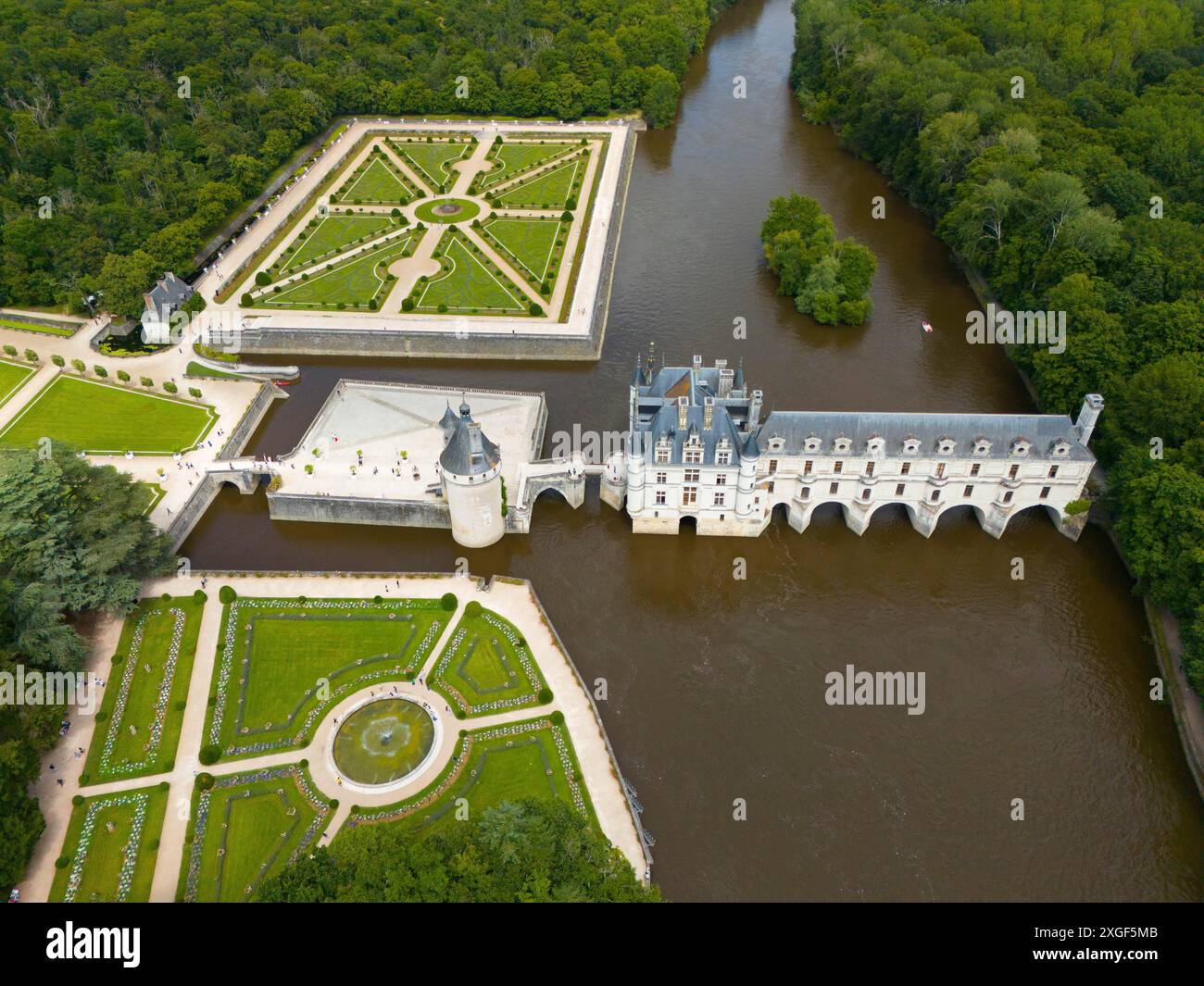Aerial view of a French castle on the river Cher with neighbouring ...