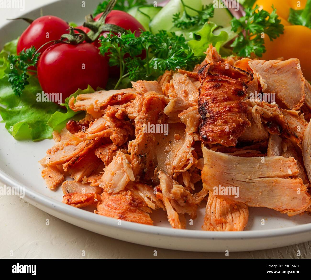Gyros, chicken, with vegetables on plates, disassembled shawarma, fast ...
