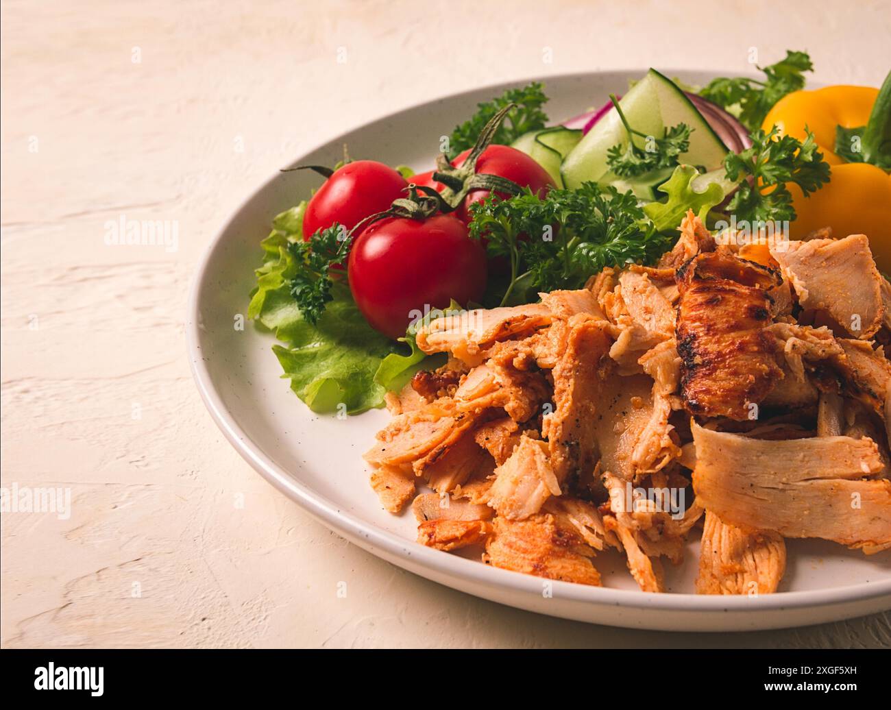 Gyros, chicken, with vegetables on plates, disassembled shawarma, fast ...