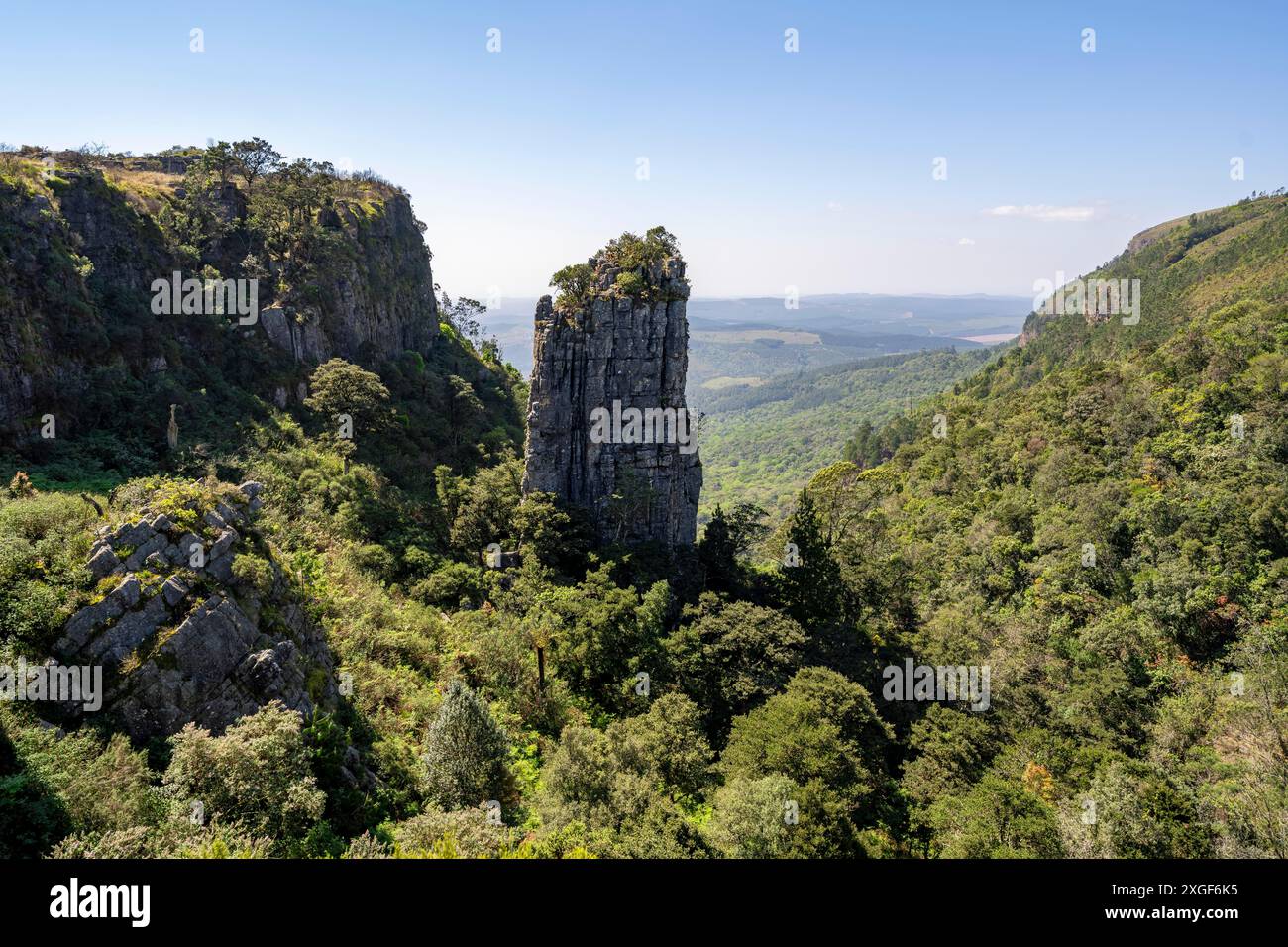 Rock needle in a densely forested canyon, Pinnacle Rock, view over ...