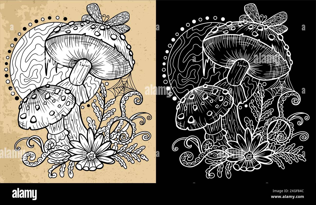 Black and white celestial mystic mushrooms with magic and floral ...