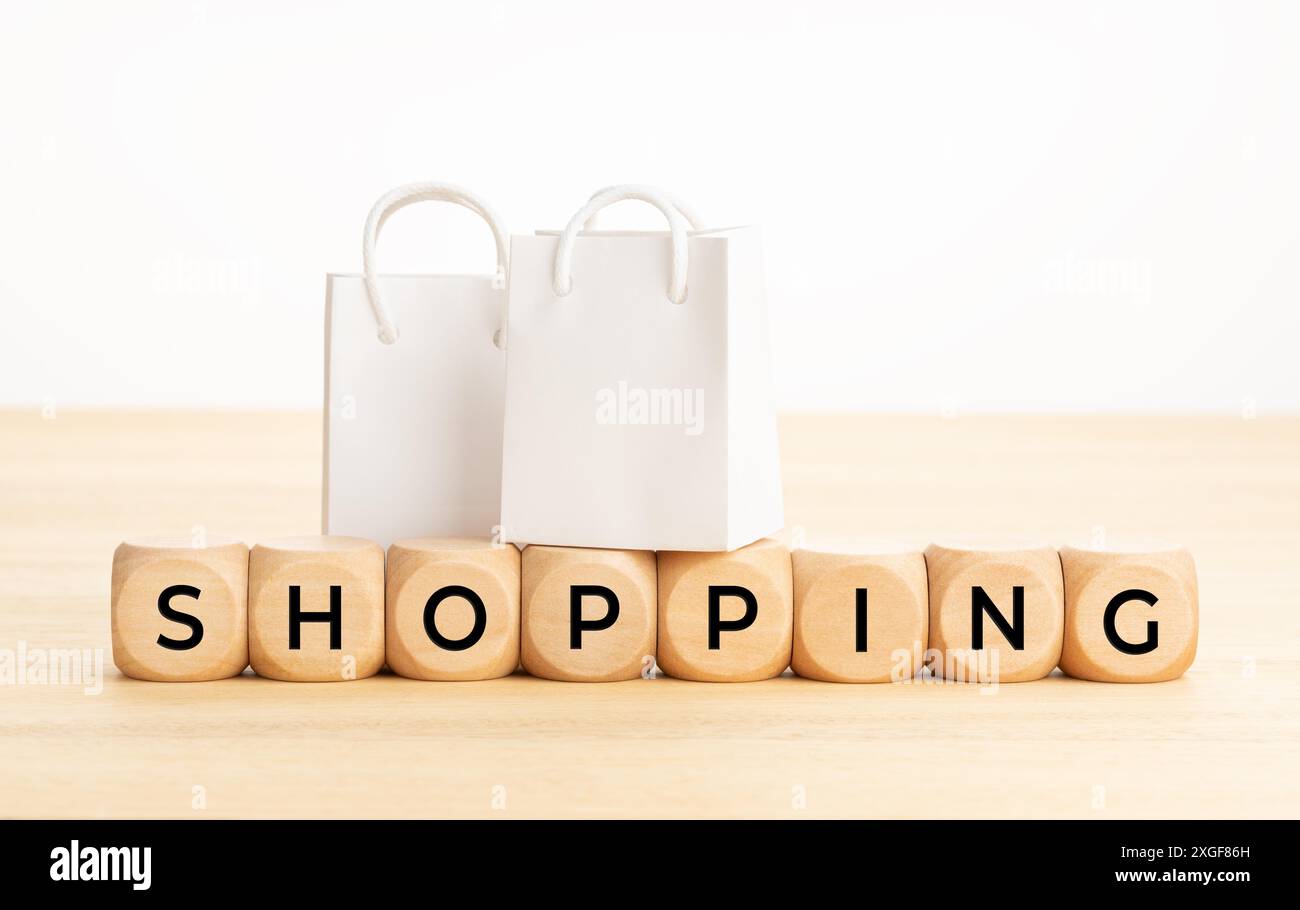 Online shopping concept. Text on wooden blocks on table and paper ...