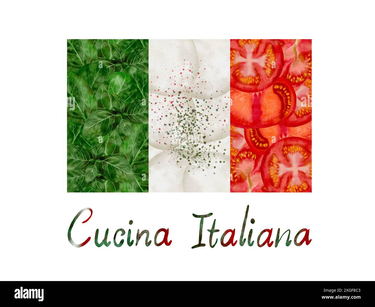 Stylized Italian flag made from green herbs, white salt, and red ...