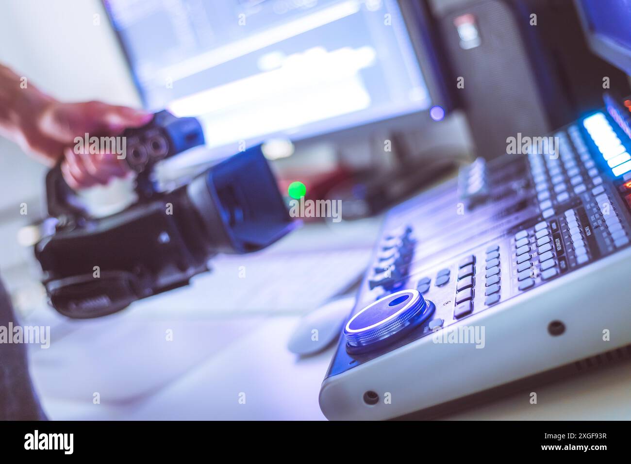 Video editing, recording and cutting room with monitors, camera and ...