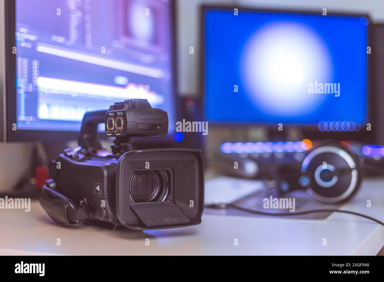 Video editing, recording and cutting room with monitors, camera and ...