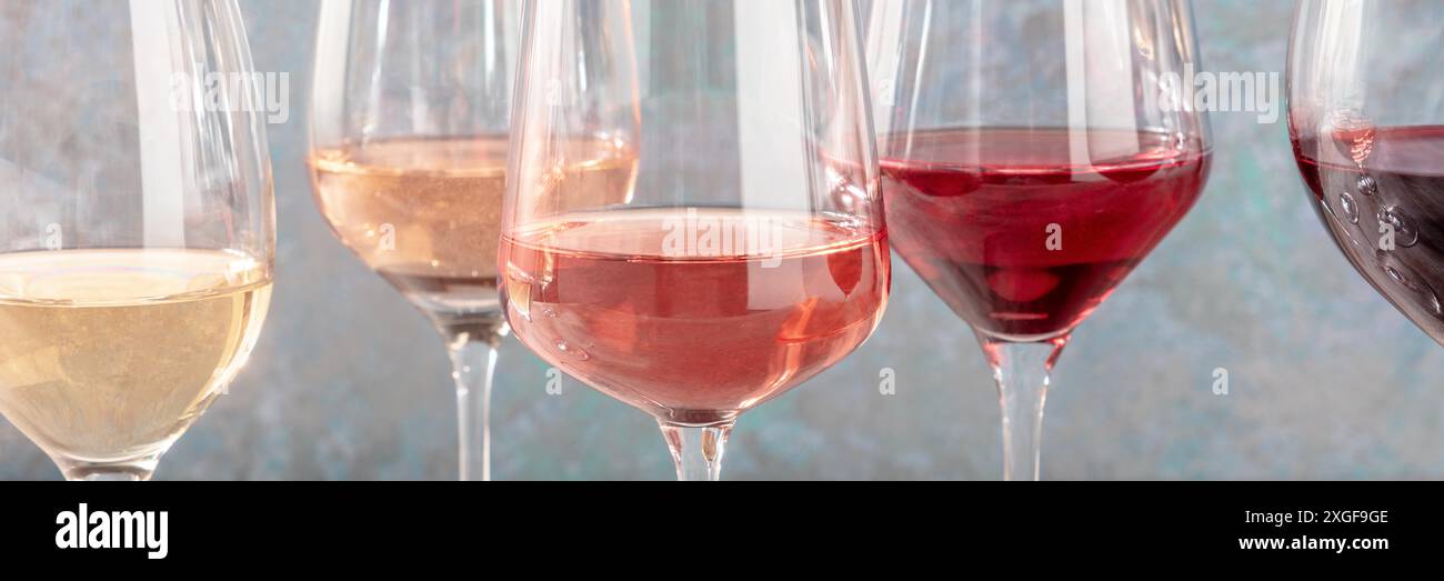 Wine color panorama. Many different glasses of wine, side view Stock ...