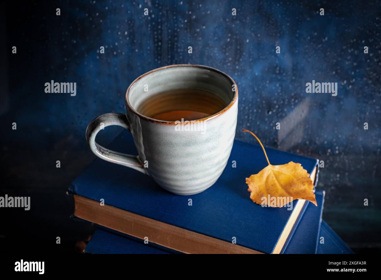 Autumn reading. A cup of tea and an autumn leaf on a stack of books in ...