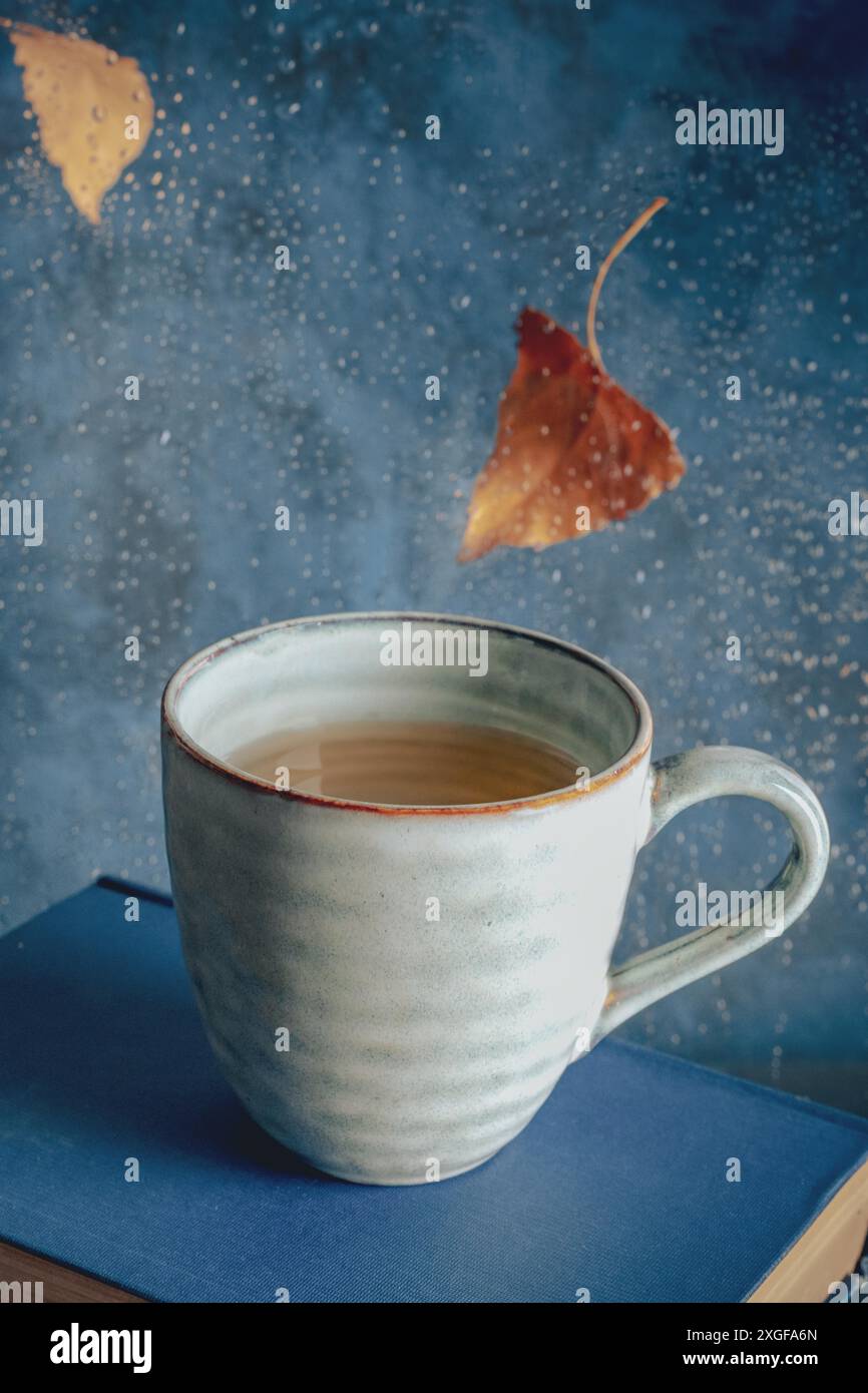 Autumn leaves, tea, and books on a rainy day, toned image Stock Photo ...