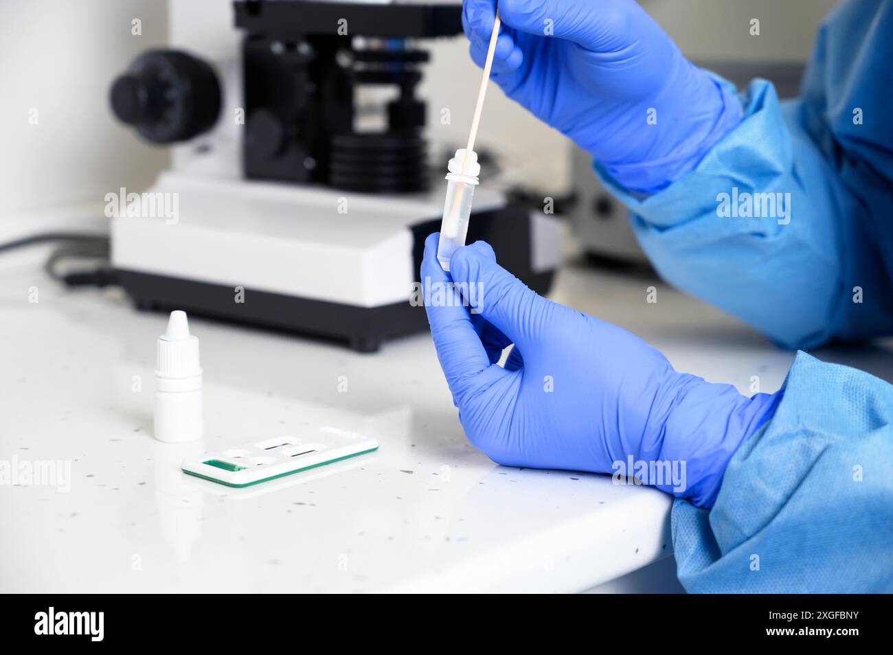 Covid-19 nasal swab laboratory test in hospital laboratory. High ...