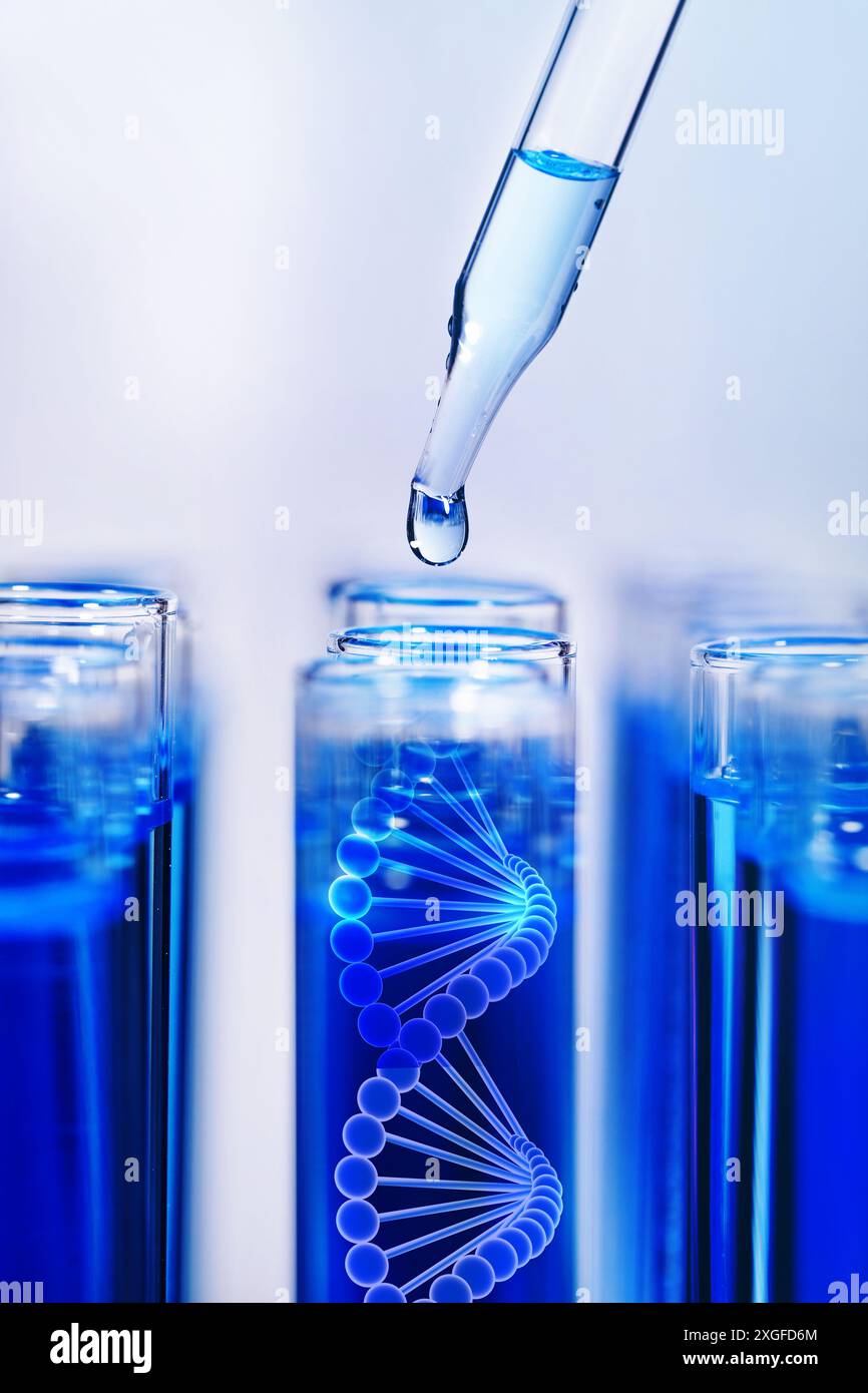 Dripping sample from dropper into test tube with illustration of DNA in ...