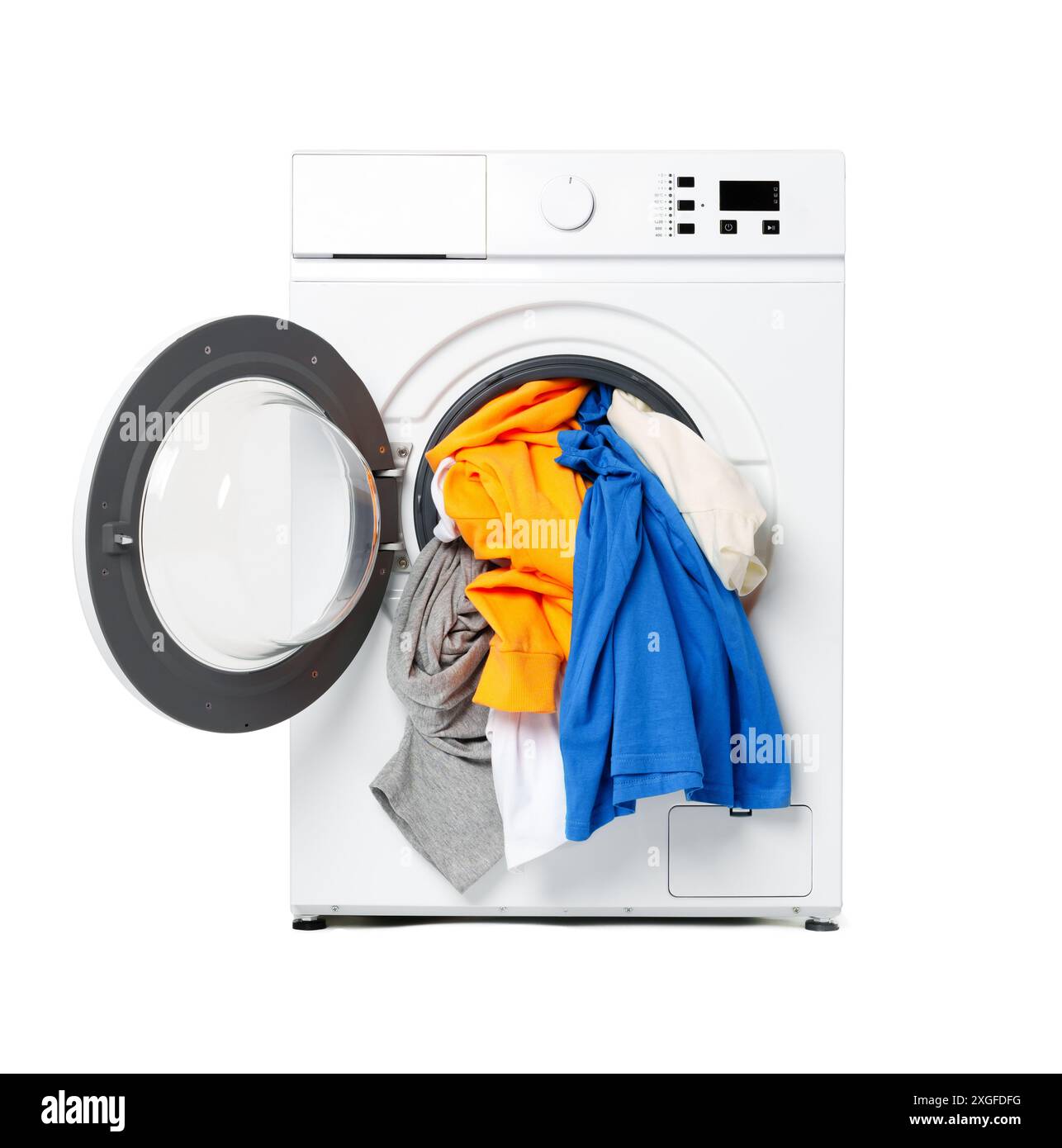 White Front Load Washing Machine With Clothes Inside and Laundry ...