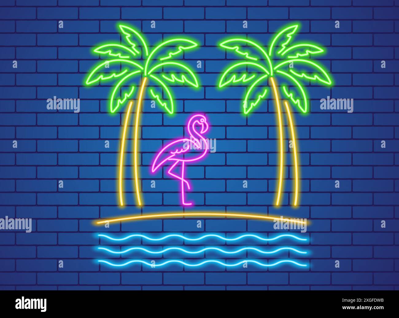 Abstract flamingo bird and two palm trees, neon glowing illustration ...