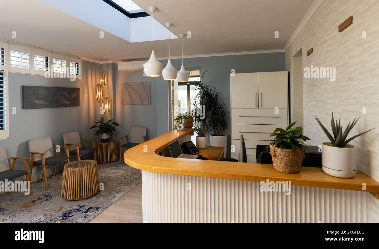 Modern medical clinic reception area with comfortable seating and indoor plants, copy space ...