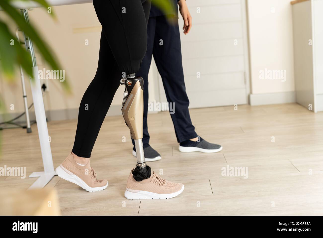 Walking with prosthetic leg, person in rehabilitation session with ...