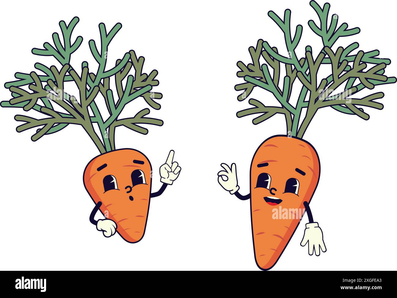 Retro style cute cartoon carrot with green leaves and funny face icon ...