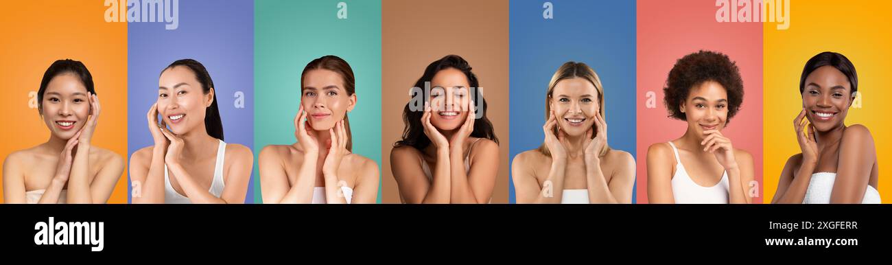 Diverse Group Of Women Smiling In Front Of Colorful Backgrounds Stock ...
