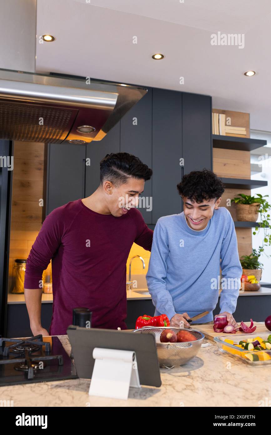 Cooking together, male gay couple preparing vegetables in modern ...