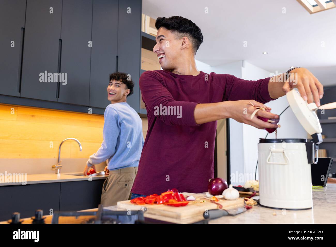 Cooking together, male gay couple preparing meal in modern kitchen ...