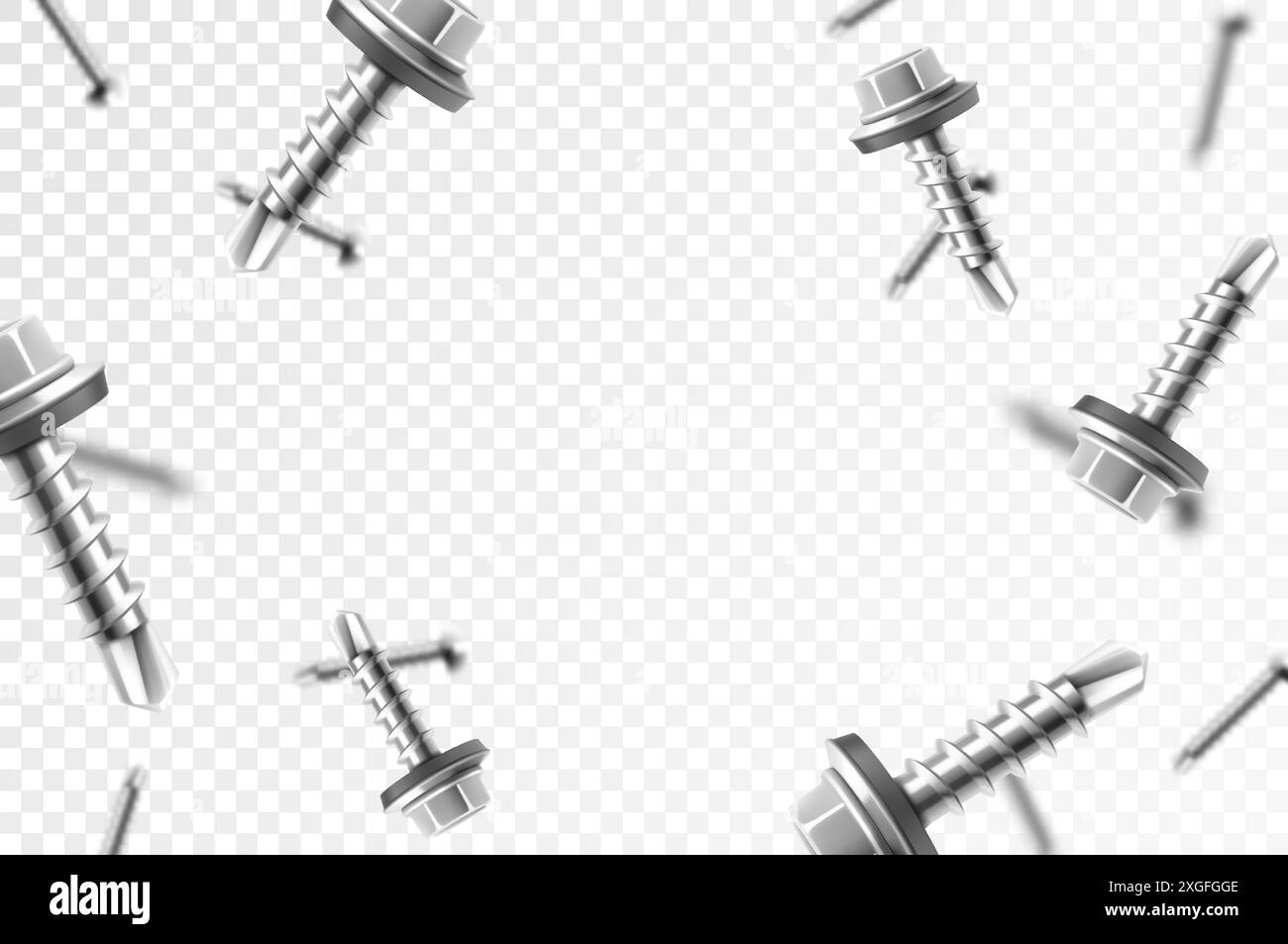 Flying metal screws and bolts, isolated on transparent background. Many ...