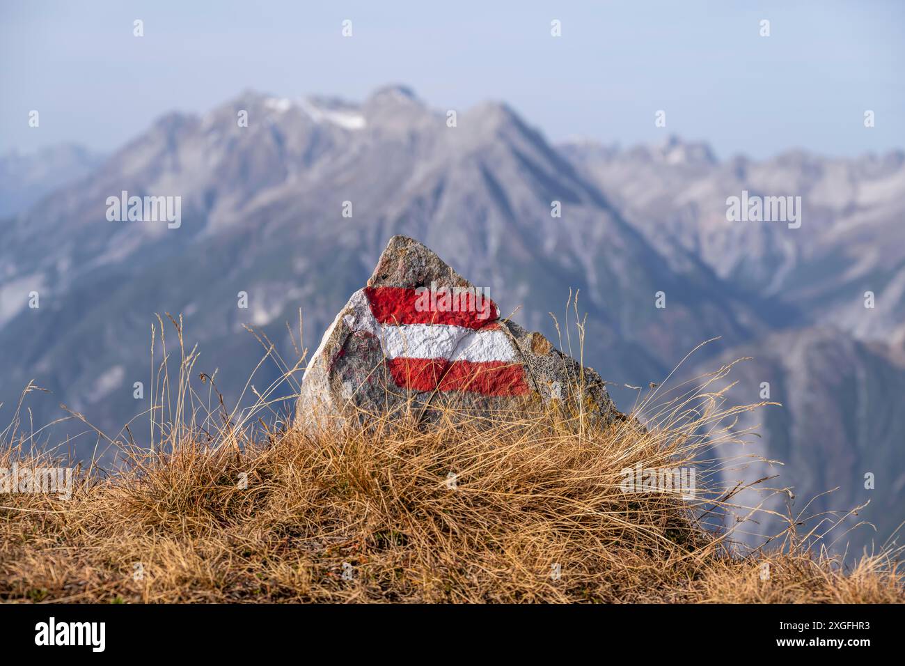 Red-white-red hiking trail markings on the Venet crossing, Oetztal Alps ...