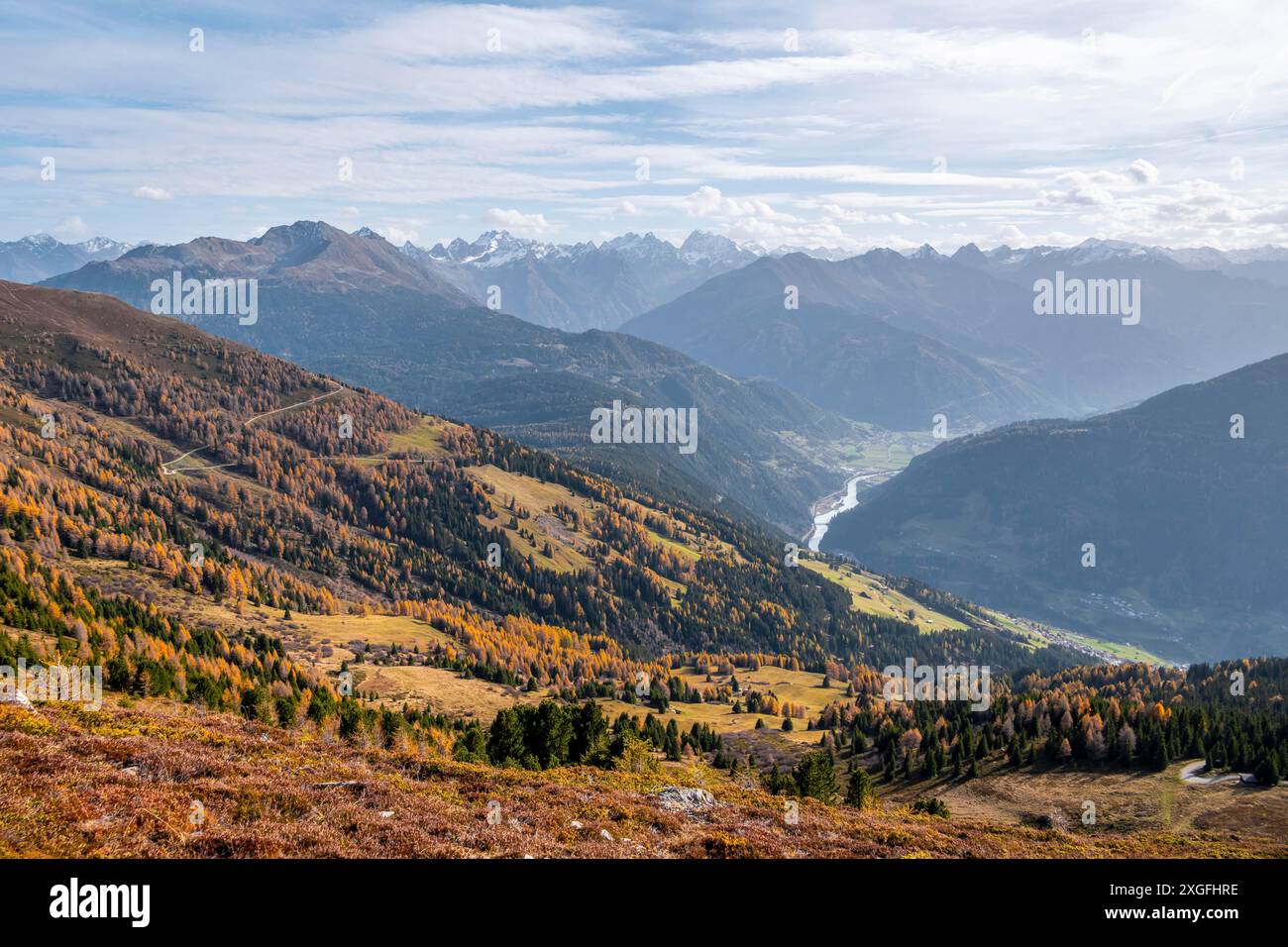 View of the mountain panorama and the Upper Inn Valley in the morning ...