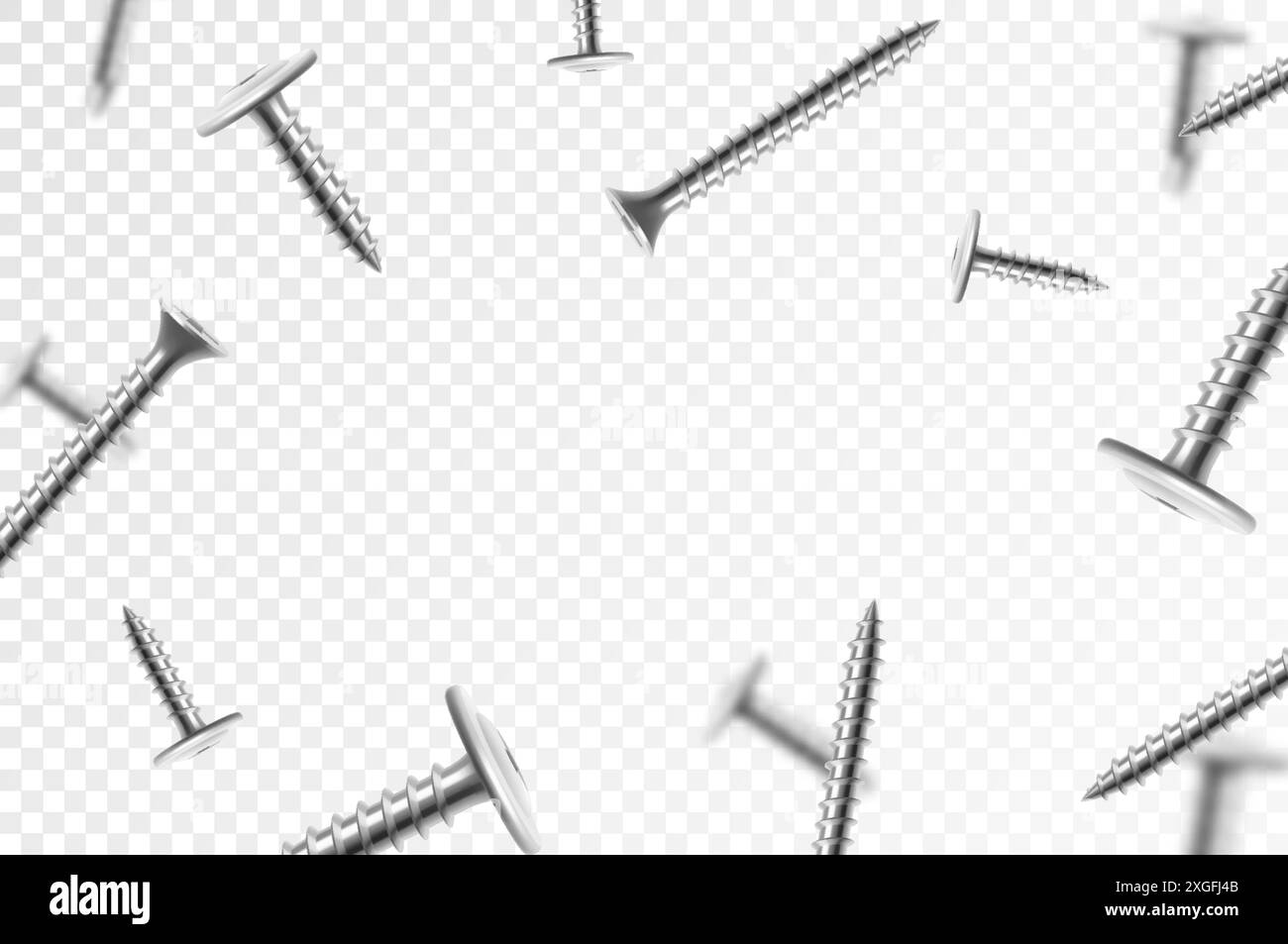 Flying metal screws and bolts, isolated on transparent background. Many ...