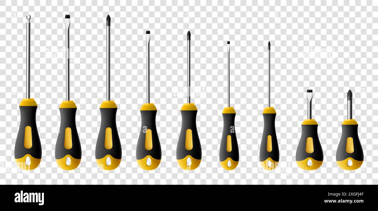 Set of screwdrivers isolated on transparent background. Black and yellow long and short ...