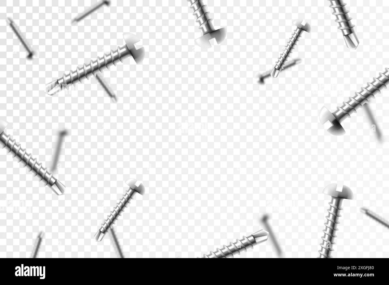 Flying metal screws and bolts, isolated on transparent background. Many ...