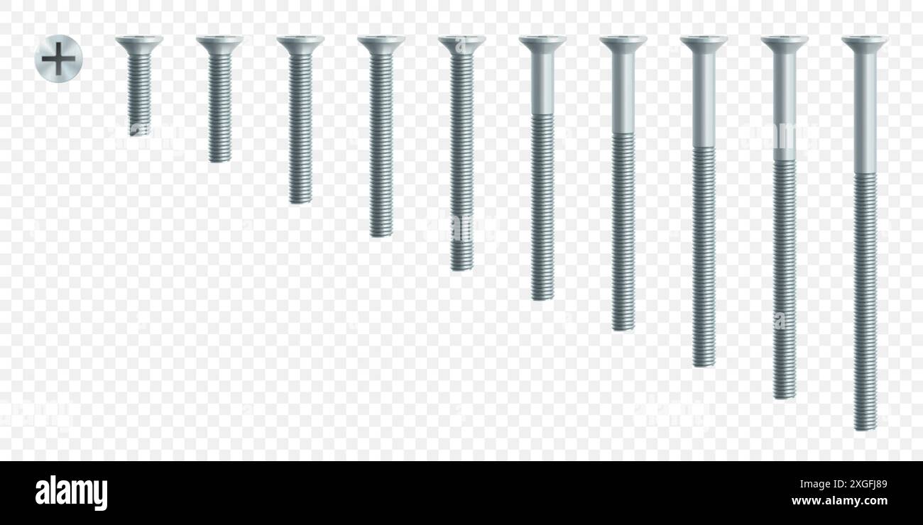 Set of steel bolts isolated on white background. Realistic 3d stainless ...