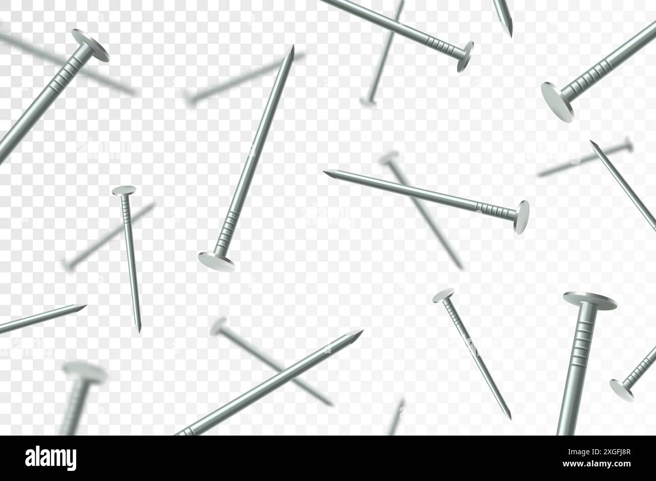 Flying metal nails, isolated on transparent background. Many silver ...