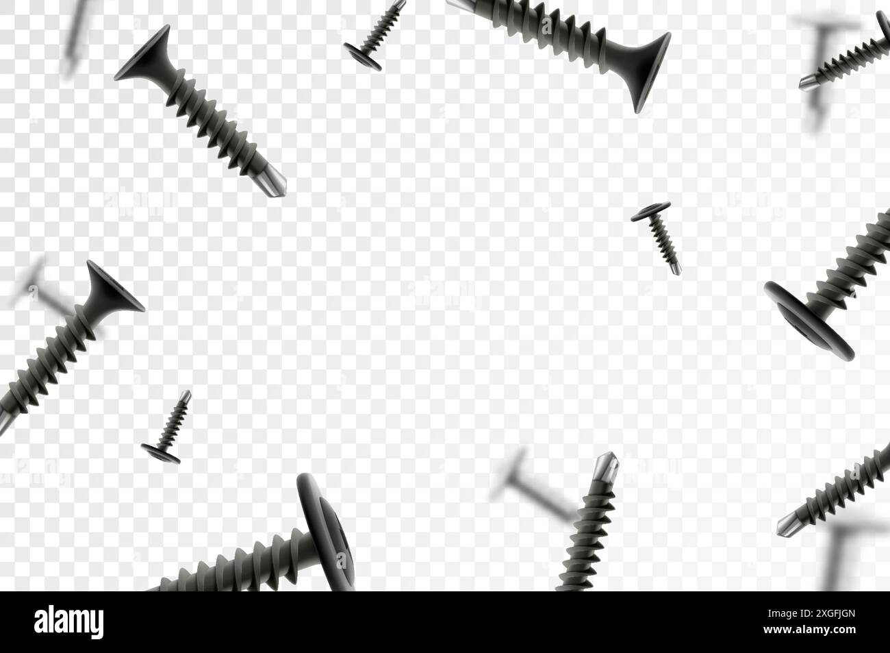 Flying metal self-tapping and screws isolated on transparent background ...