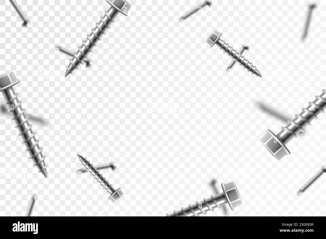 Flying metal screws and bolts, isolated on transparent background. Many ...