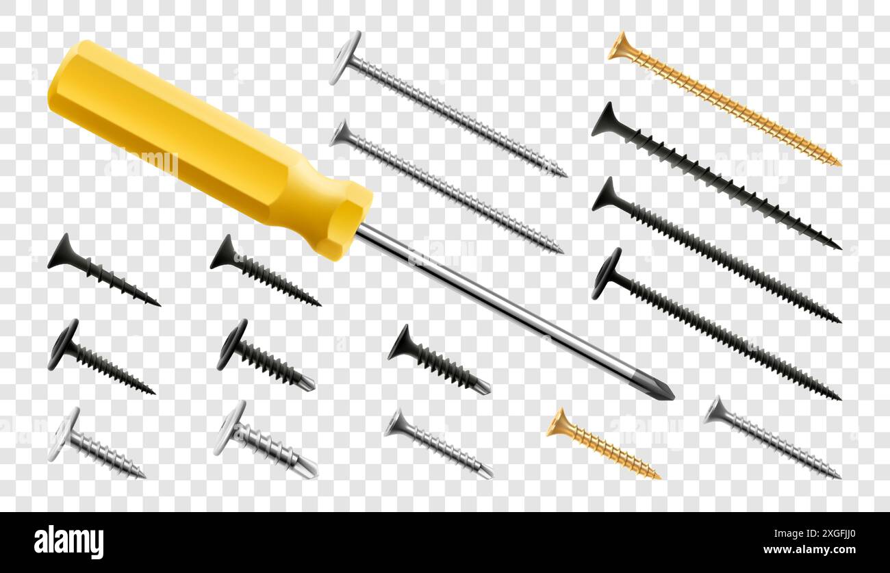 Screwdriver with screws and bolts isolated on transparent background ...