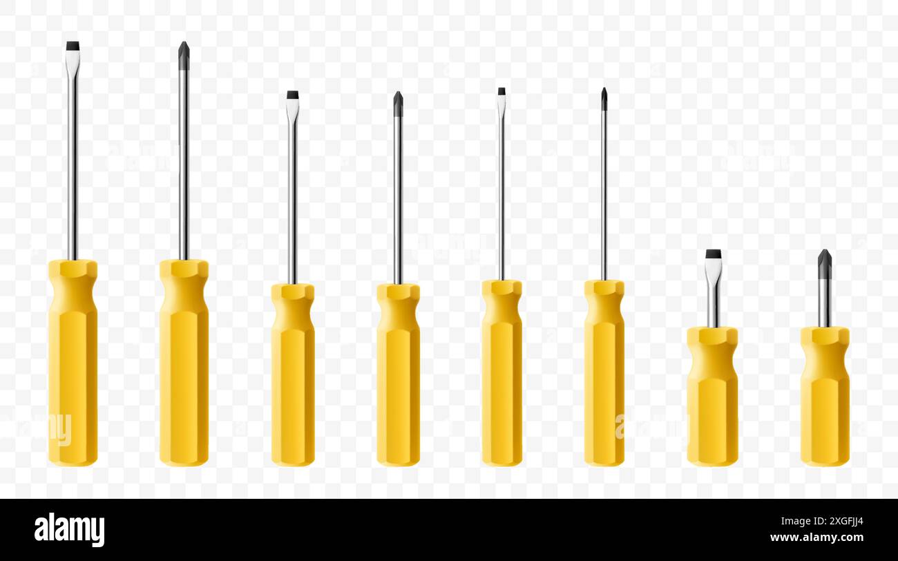 Set of screwdrivers isolated on transparent background. Yellow long and ...