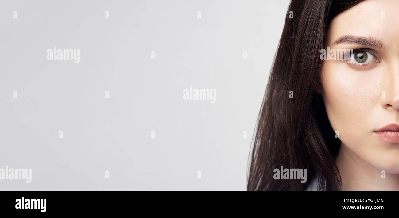Portrait Of Woman Face Looking At Camera Over White Background Stock ...