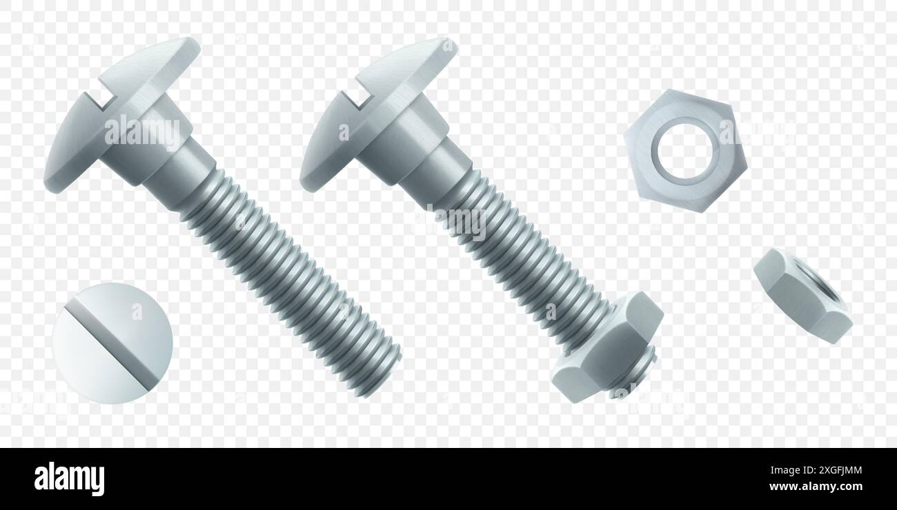 Steel bolts and hex nut isolated on white background. Realistic 3d ...