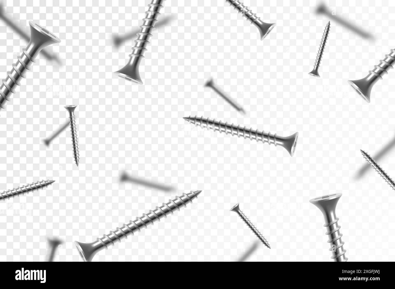 Flying metal screws and bolts, isolated on transparent background. Many ...