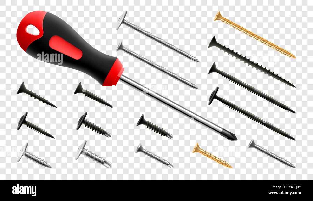 Screwdriver with screws and bolts isolated on transparent background ...
