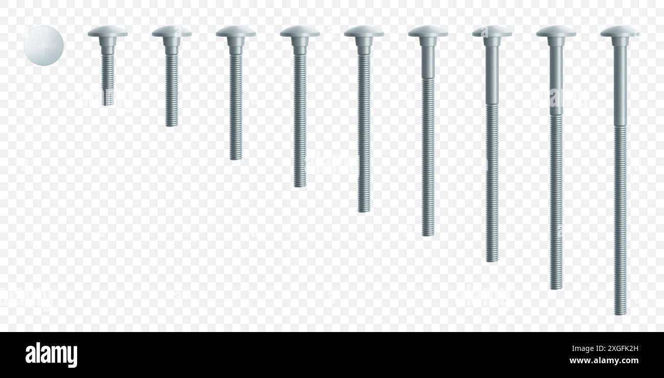 Set of steel bolts isolated on white background. Realistic 3d stainless ...
