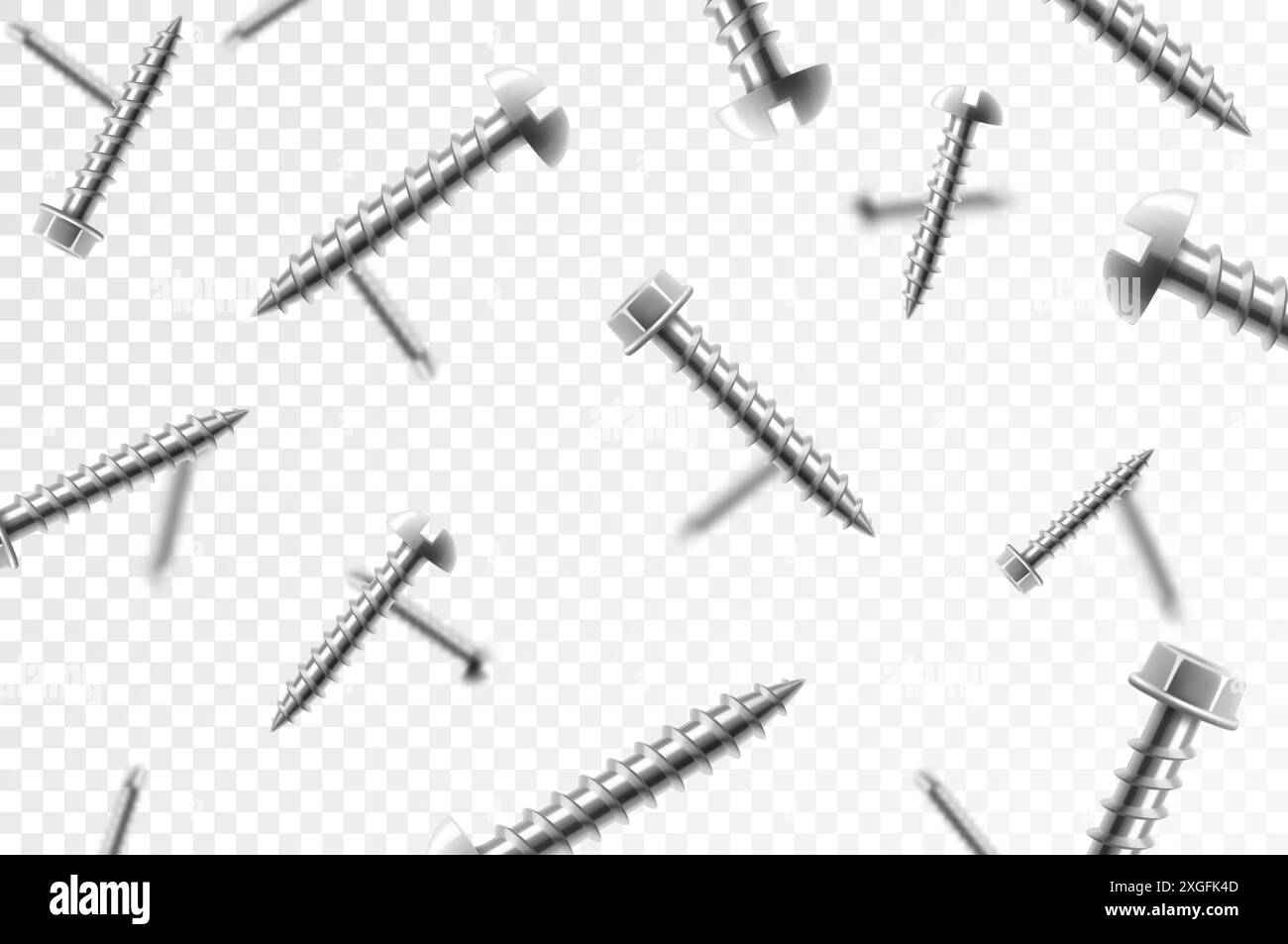 Flying metal screws and bolts, isolated on transparent background. Many ...