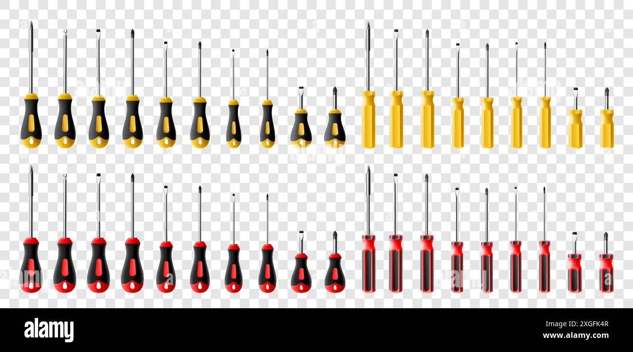 Big set of screwdrivers isolated on transparent background. Black and ...