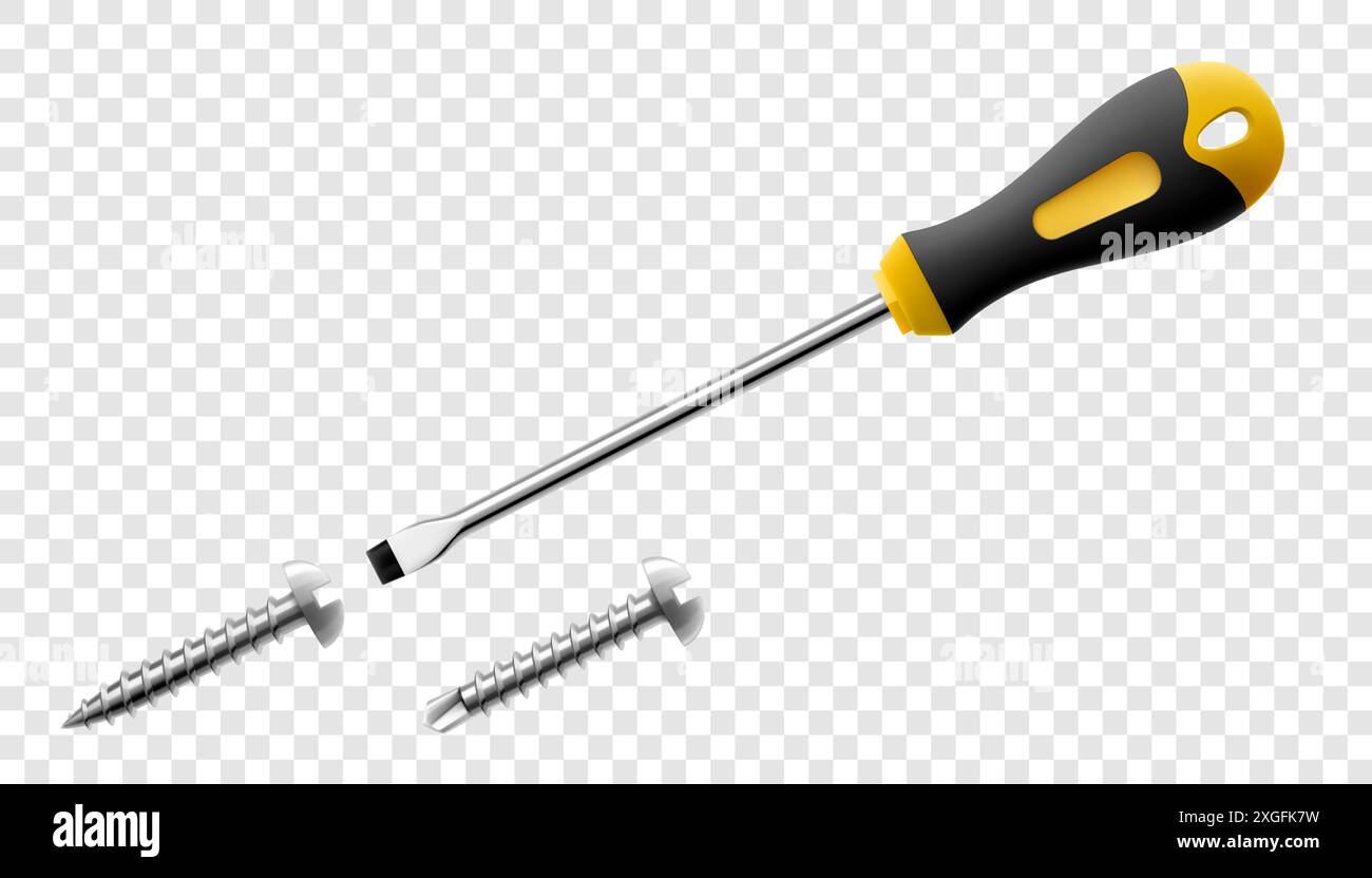 Flat head screwdriver with screws isolated on transparent background ...