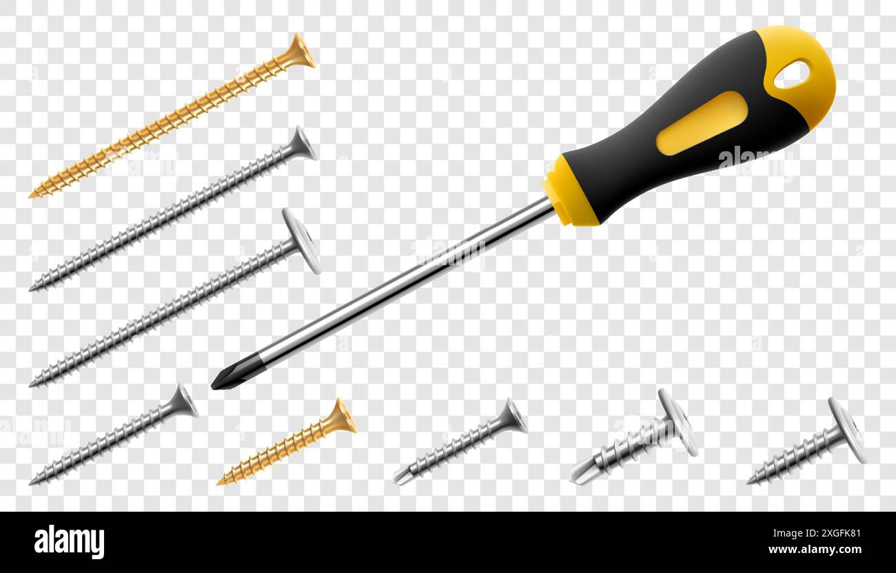 Screwdriver with screws and bolts isolated on transparent background ...