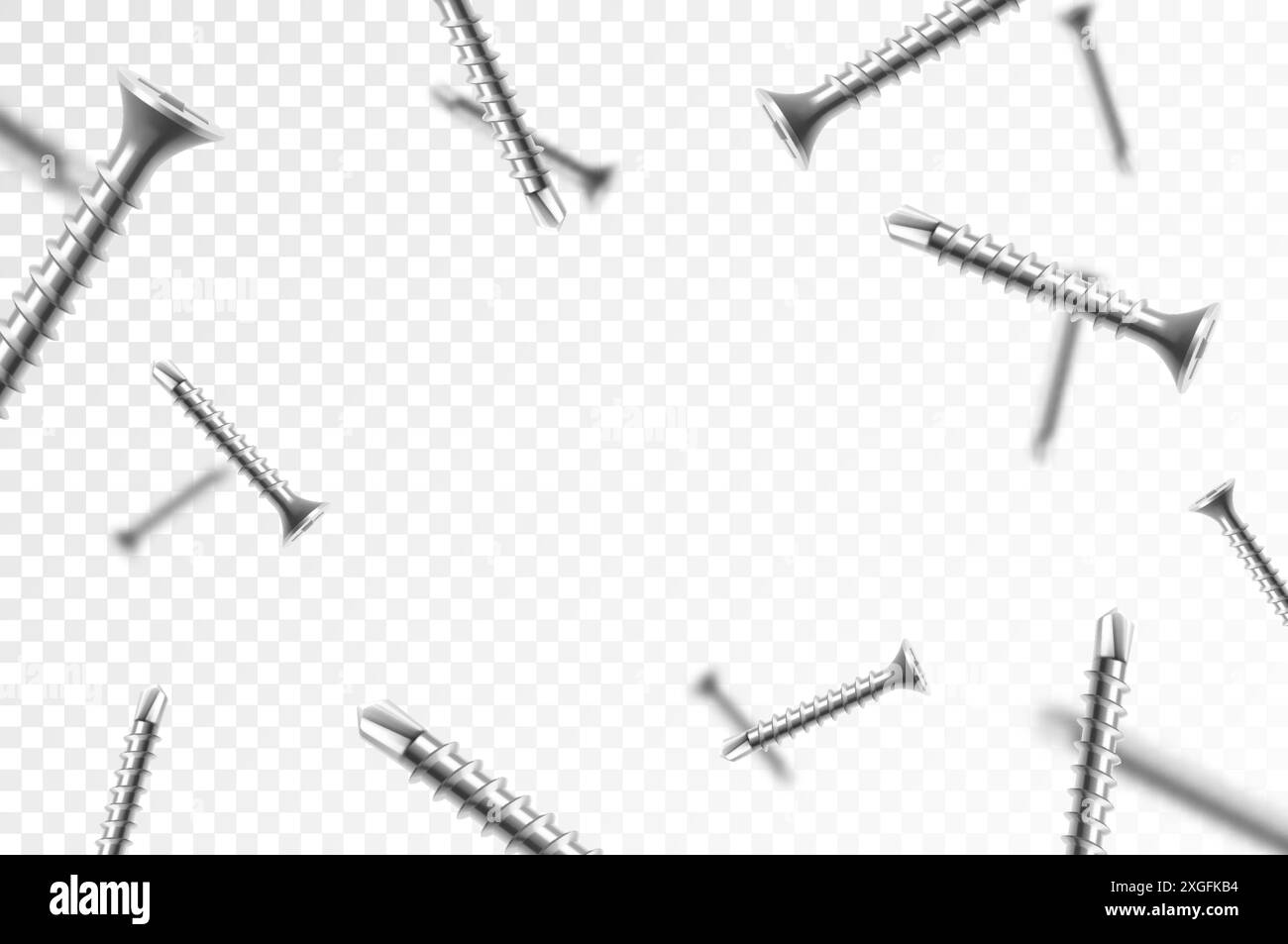 Flying metal screws and bolts, isolated on transparent background. Many ...