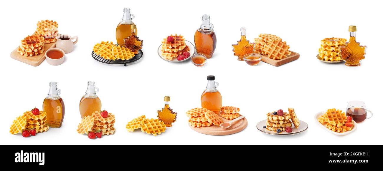 Collage of tasty waffles with maple syrup on white background Stock ...