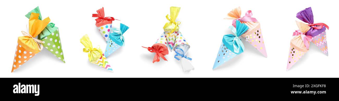 Set of many bright school cones on white background Stock Photo - Alamy