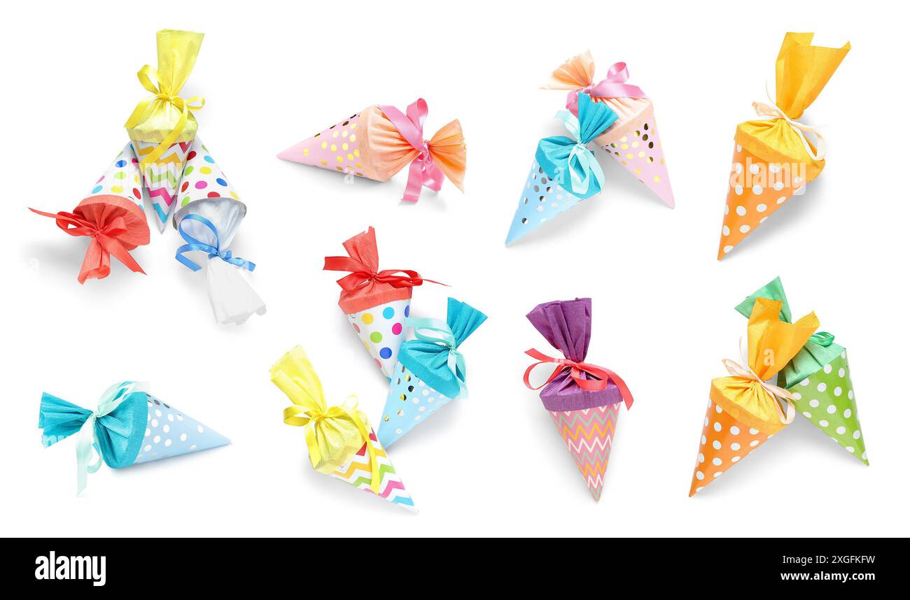 Set of many bright school cones on white background Stock Photo - Alamy