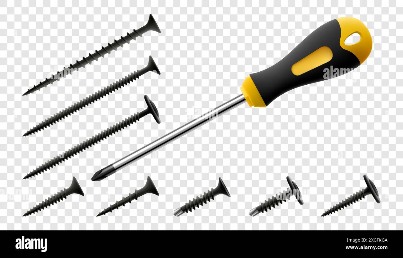 Screwdriver with screws and bolts isolated on transparent background ...
